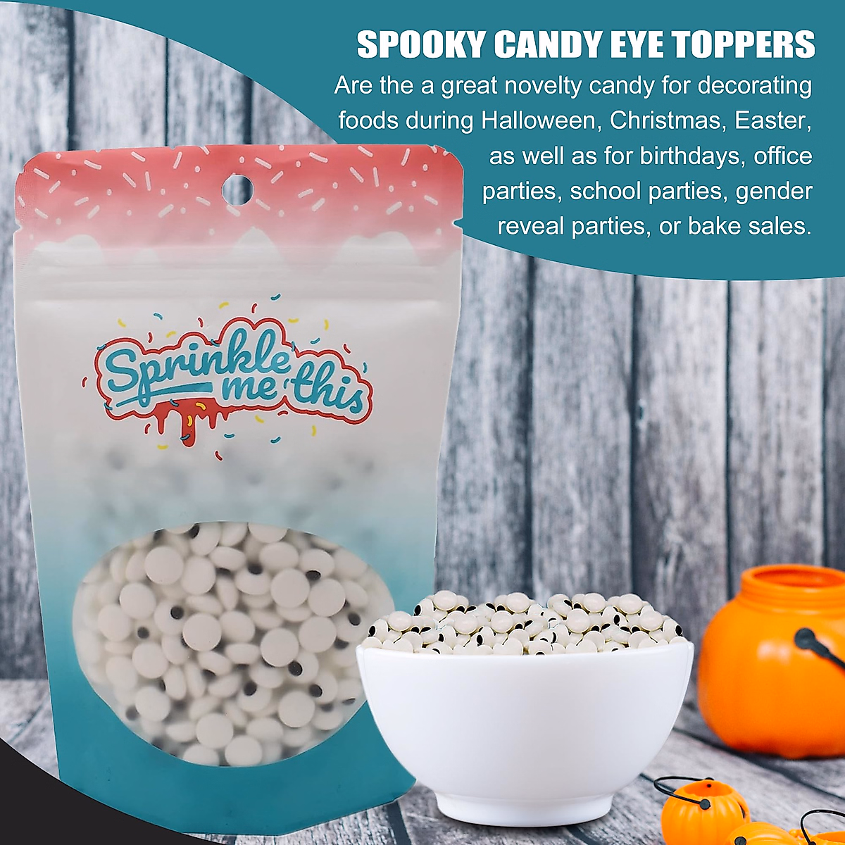 Spooky Eye Toppers - 4 oz Resealable Stand Up Candy Bag - Edible Baking Decorations - Funny White Googly Eyes for Cupcakes, Cakes, Cookies, Brownies - Halloween, Easter, and Edible Art Project Candy