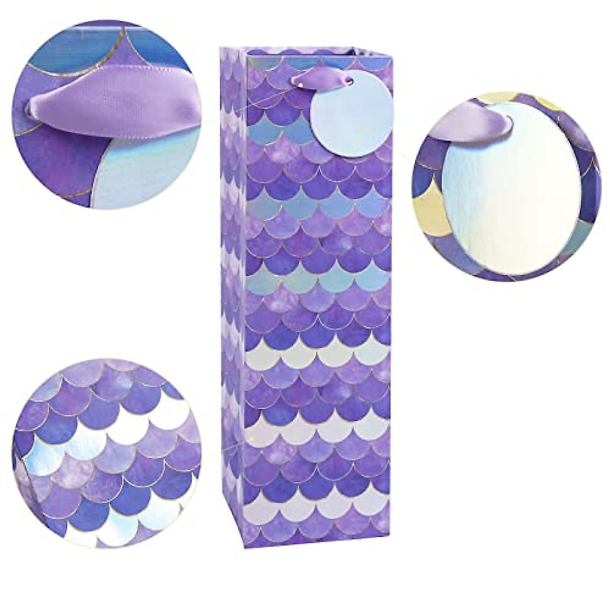 MAYPLUSS Gift Bags Set - 4 Pack - Purple & Silver Fish Scales With Purple Tissue Paper for Mermaid Party, Birthday, Wedding and more