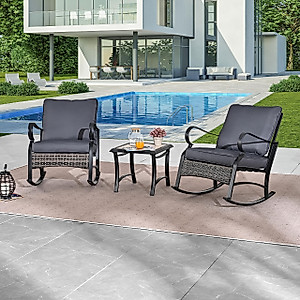 Festival Depot PE Wicker Rocking Chair Set, Patio Bistro Set, 3 Pieces Outdoor Furniture, Conversation Sofa Set of 2 Armchairs & Coffee Table with Removable Cushion All Weather Casual Craft Cozy Small