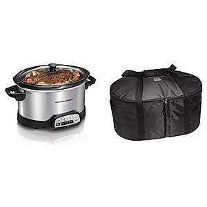 Hamilton Beach 4-Quart Programmable Slow Cooker With Dishwasher-Safe Crock and Lid, Silver (33443) & Hamilton Beach Travel Case & Carrier Insulated Bag (33002),Black