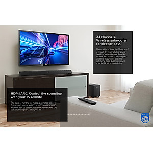 PHILIPS B5305 2.1 Soundbar Speaker with Wireless Subwoofer, Remote Control, Bluetooth Streaming and HDMI ARC (TAB5305) (Renewed)