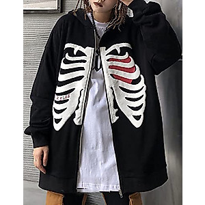 WINKEEY Women's Zip Up Skeleton Print Hoodie Y2K E-Girl Long Sleeve Hooded Jacket Sweatshirt (XL,Black)
