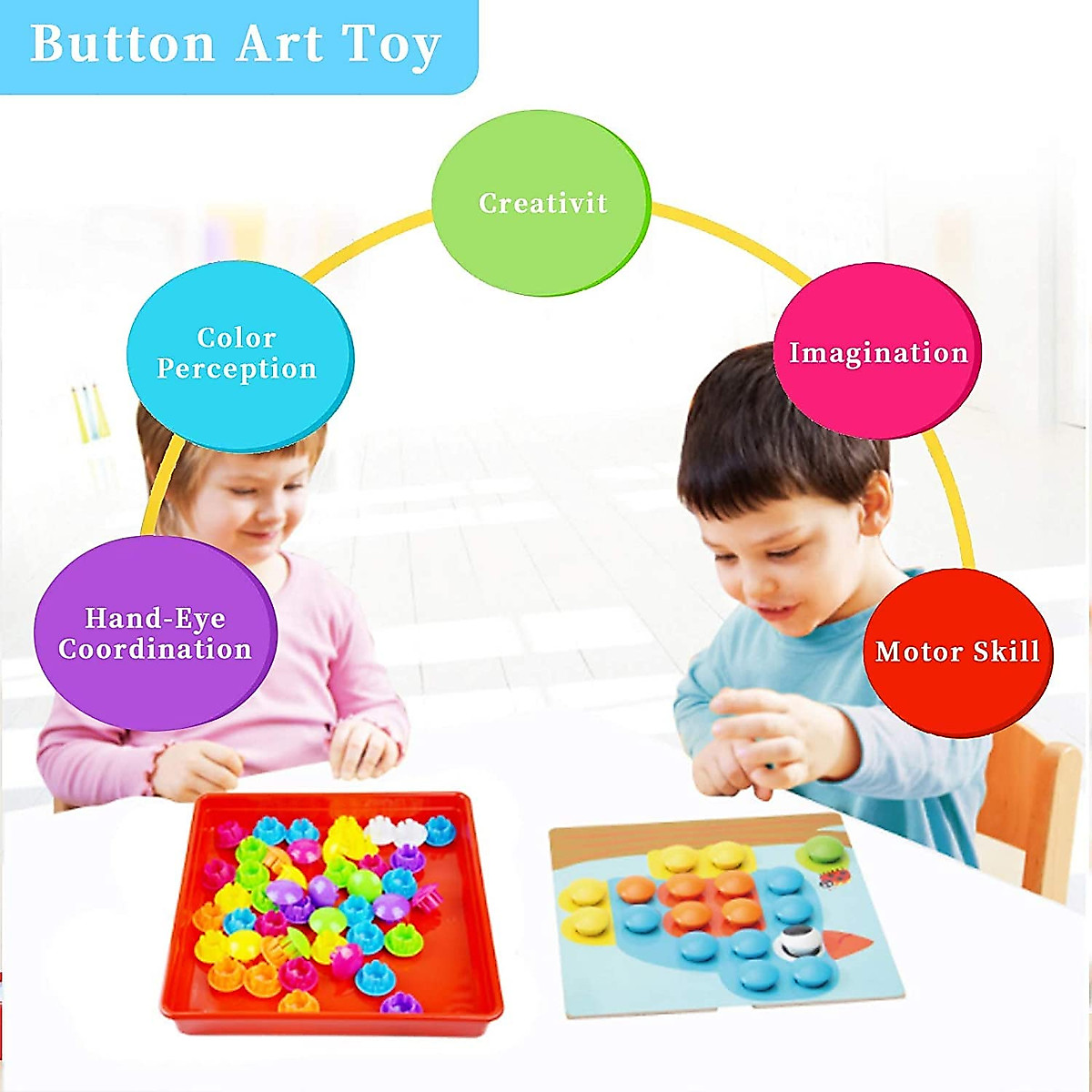 58 Pcs Button Art Toys for Toddlers,Toddler Activities Crafts for Toddlers 2-4 Years,Color Matching Mosaic Pegboard Early Learning Educational Toys,Include 12 Pictures and 46 Buttons with Box