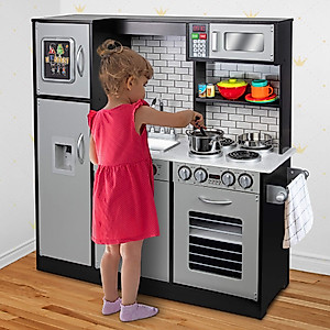 Lil' Jumbl Kids Kitchen Set, Pretend Wooden Play Kitchen, Battery Operated Icemaker & Microwave with Realistic Sound, Pots & Pan Included - Charcoal