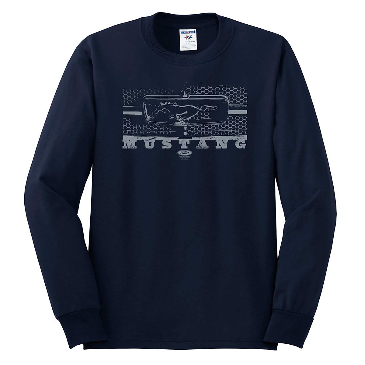 Vintage Ford Mustang Silver Honeycomb Grill Distressed Cars and Trucks Mens Long Sleeve Shirt, Navy, Large
