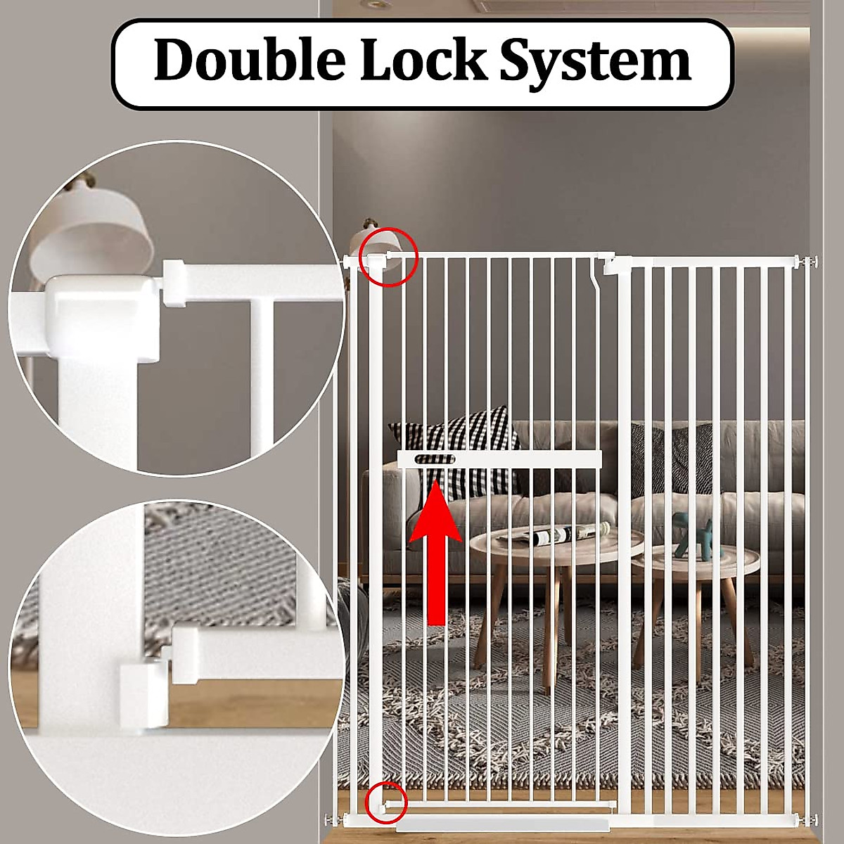 AIKSSOO 55.11" Extra Tall Cat Gate 42.91-45.66" Wide Safety White Metal Gate Pressure Mount Walk Through Swing Auto Close Pet Gate Toddler Dog Pet Cat for Indoor Stairs Doorways Kitchen