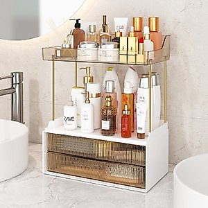 Webetop Bathroom Counter Organizer, Large Makeup Organizer Countertop, Multi-Purpose Vanity Organizer Countertop with 2 Drawers for Storage, Cosmetics, Perfume, Toiletry (Amber)