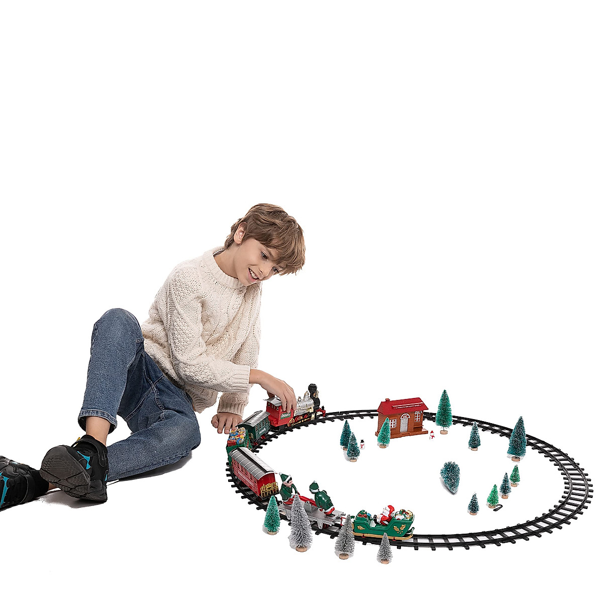 JOYIN Christmas Train Set with Real Smoke, Battery Operated Electric Train Set Including Steam Locomotive Engine, Passenger Car, Gift Car, 2 Xmas Elves, 1 Santa Santa and More! Best Xmas Train Gifts