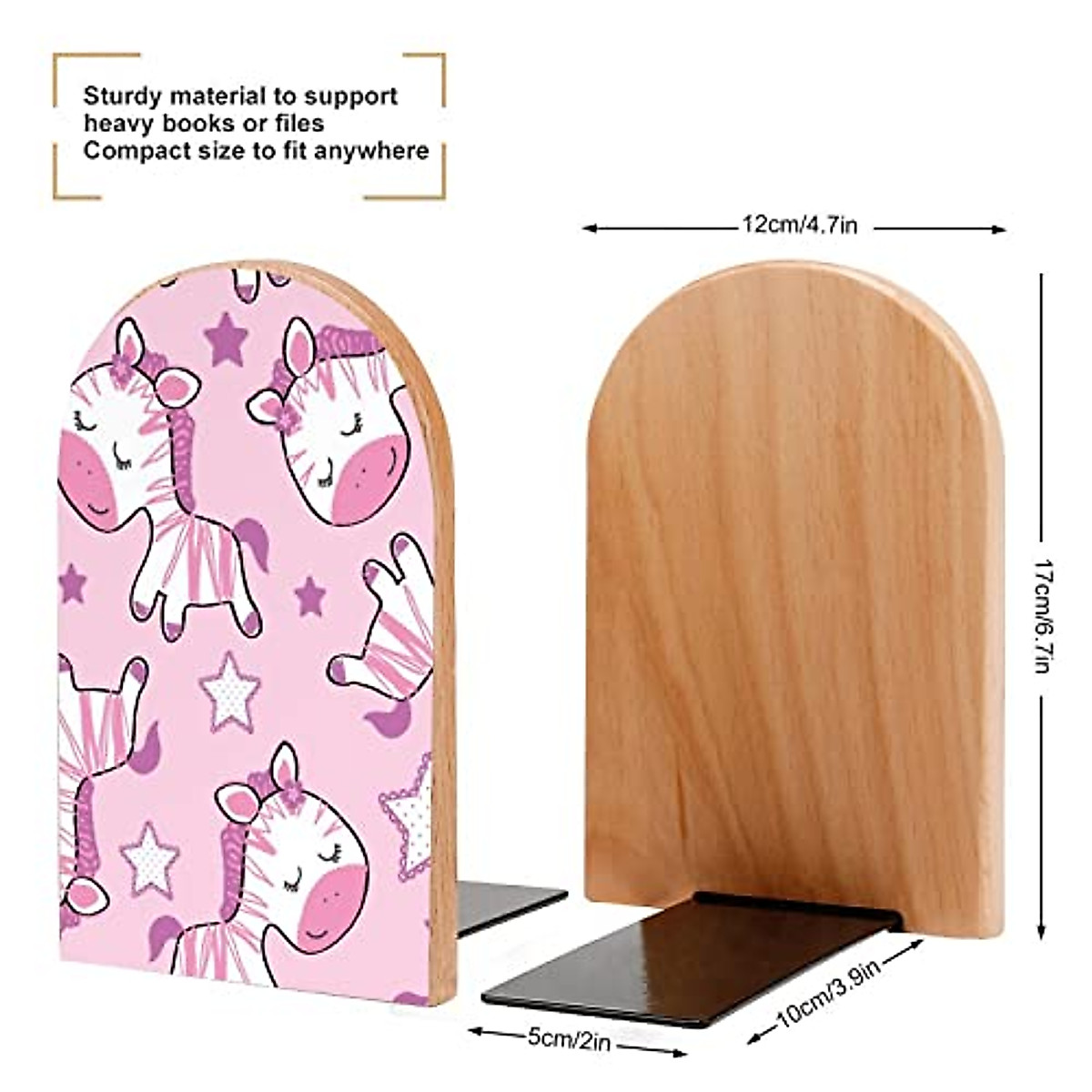 Pack of 2 Bookend Unicorns Pink Non-Slip Book Stand Wooden Bookshelf Books Holder for Home Desk Office Library