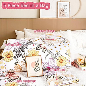 HNHUAMING Floral Twin Comforter Set for Girl,Reversible Comforter Twin Set, 5 Piece Twin Size Bed Set,Comfortable and Breathable Microfiber Bed in a Bag Set for Kid Girl
