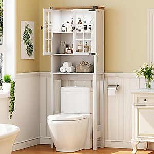 FREDEES Over The Toilet Storage Cabinet with Shelves & Doors, Toilet Shelf Space Saver with Anti-Tip Design & Ceiling Light, Free Standing Over Toilet Bathroom Organizer, White
