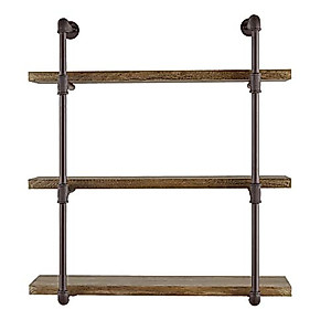 Decorative Floating 3-Tier Wall Mounted Hanging Pipe Shelves - Rustic, Urban and Industrial Décor,Wall Mounted Shelf - Perfect for Living Room,Dining Room,Kitchen,Bedroom,Nursery or Office, Brown