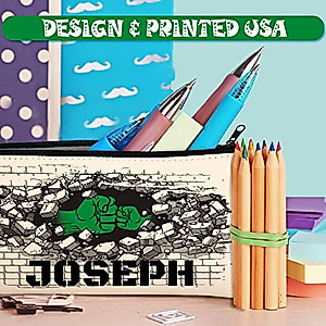 Personalized Super Hero Pencil Case w/Name Students - Custom Superhero Pen Box Birthday Gifts Boys Girls - Customized Canvas Pencils Cases Box - 10''x6'' - Man Pencil Pouch Spider Bat Design C1 Beige