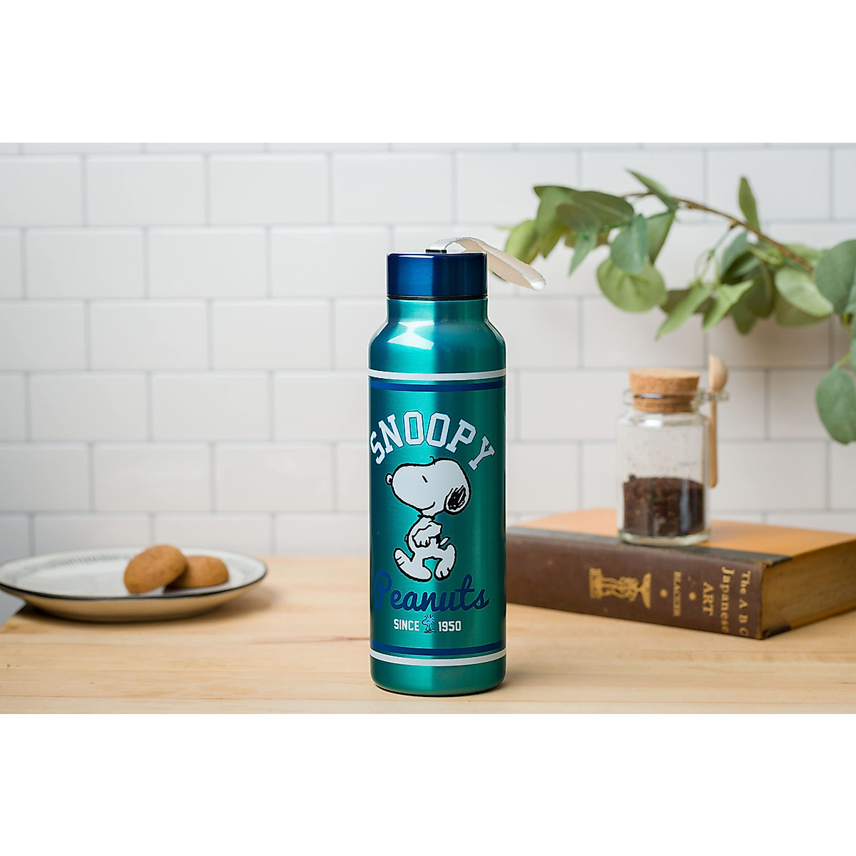 Silver Buffalo Peanuts Snoopy Collegiate Stainless Steel Water Bottle with Strap, 27 Ounces