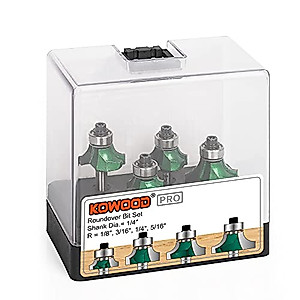 KOWOOD Pro Roundover Bit Set 4 Pcs, 1/4 Inch Shank Router Bit Set, R:1/8", 3/16", 1/4", 5/16"，Designed for Woodworking Enthusiasts