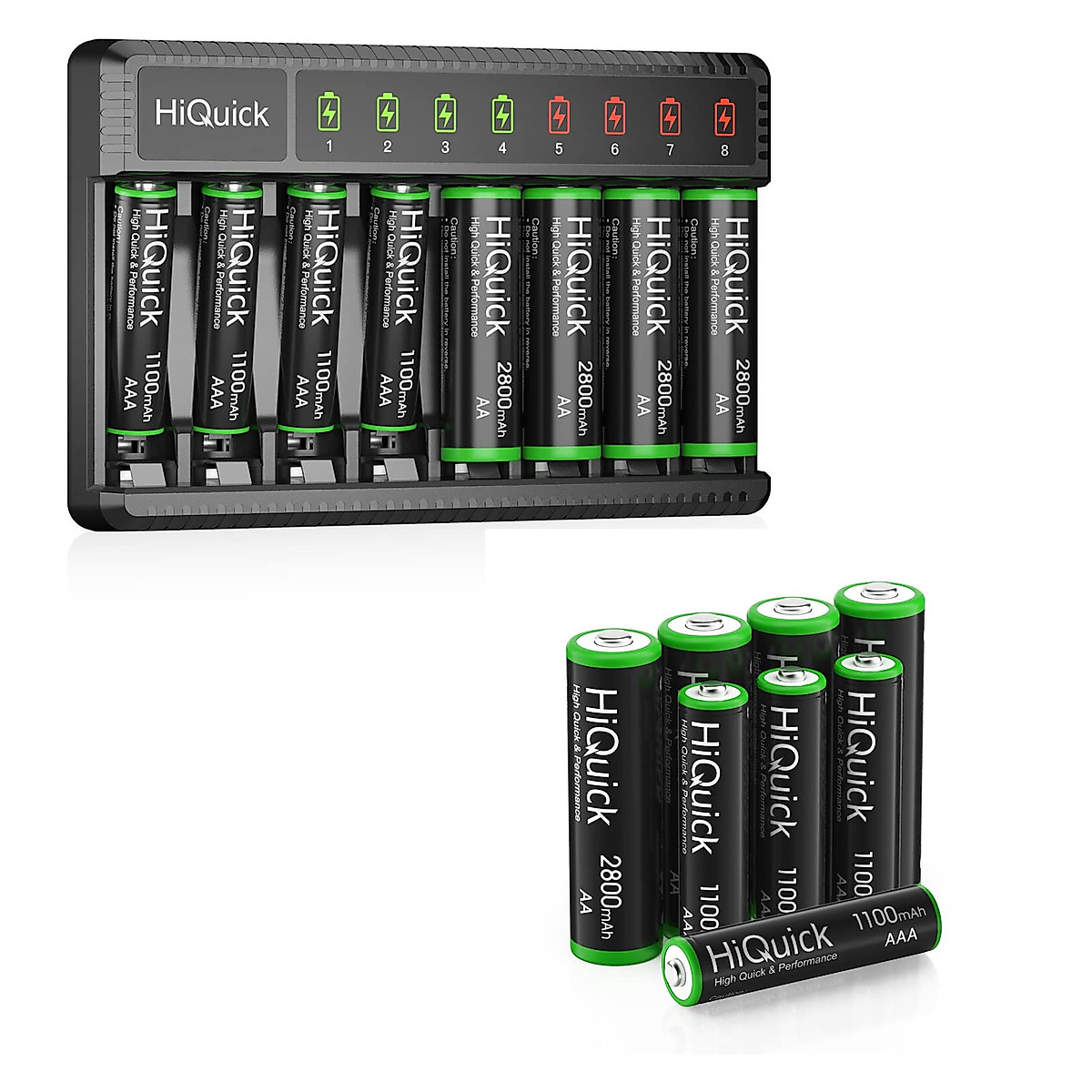 HiQuick 8 Bay Smart Battery Charger with 4AA and 4AAA Battery + 4 AA 4 AAA Rechargeable Batteries
