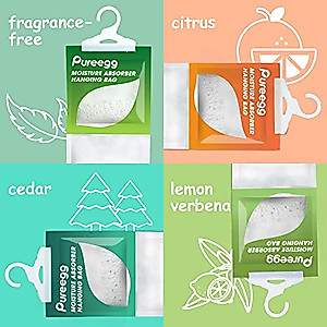 Pureegg Moisture Absorbers Hanging Bag - 12 Packs, Citrus Scent, Odor Absorber for Narrow Spaces, Efficient Humidity Absorber for Kitchens, Basements, Bathrooms, Hanging Closet Odor Eliminator