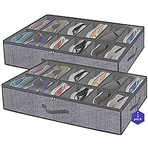 Onlyeasy Large Under Bed Shoe Storage Organizer with Strong Zippers & Handles Set of 2, Fit Total 24 Pairs, Underbed Organizers for Kids & Adults, 29.3"x23.6"x5.9", Herringbone Grey, 9MNRUBSB2P