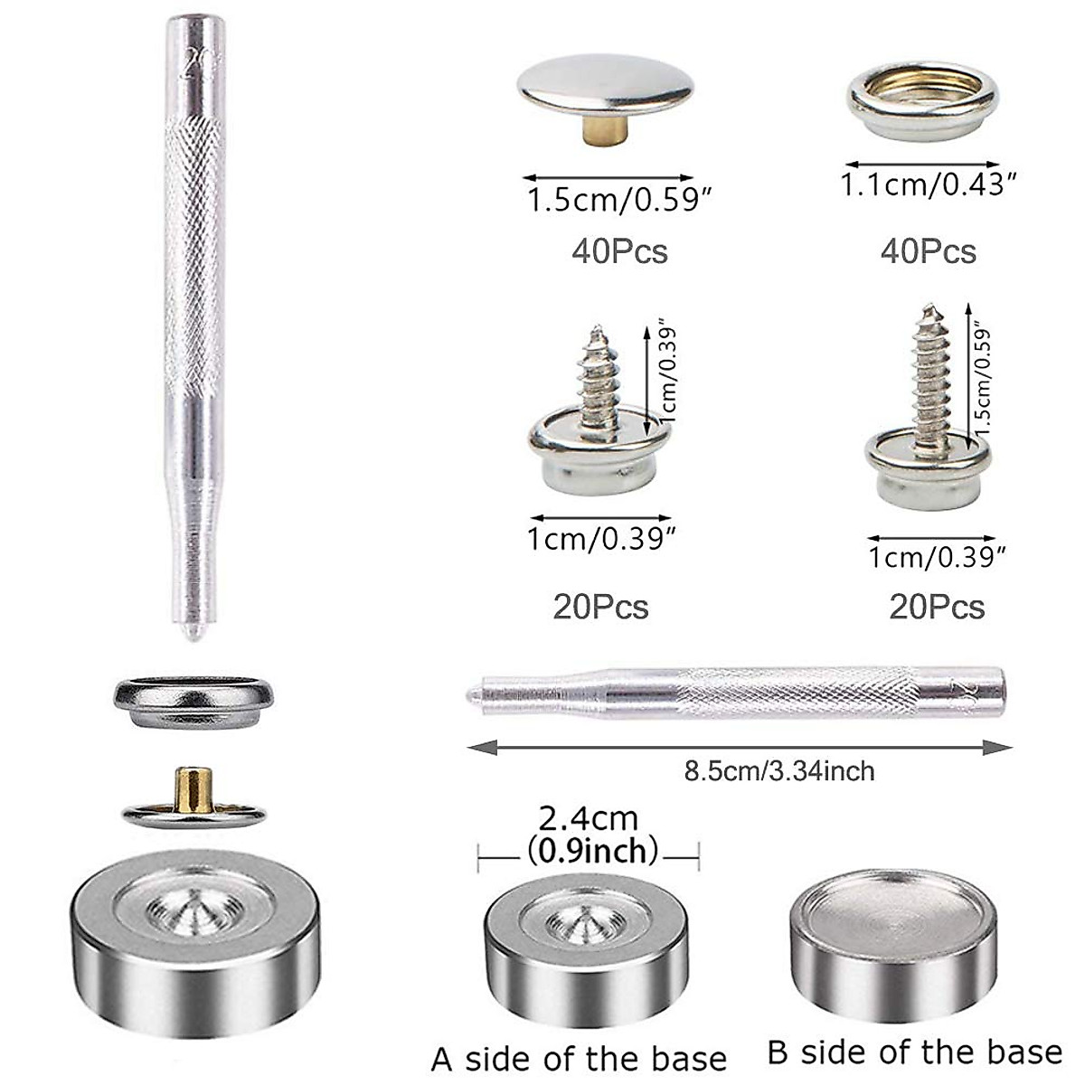 Snaps Kit for Boat Cover, 120pcs Canvas Screws Snaps Buttons Tool Marine Grade Sewing Fastener with 2Pcs Setting Tool