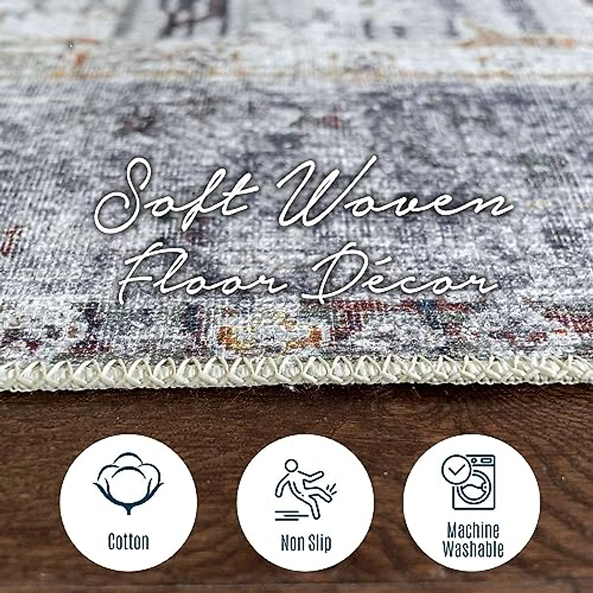 Softwoven Rugs, 5' Round Machine Washable Rug, 90% Cotton, Non-Slip, Family & Pet Friendly, Stain Resistant, Non-Shed, Vintage Design Area Rug for Living Room, Hallway - Navy and Brown