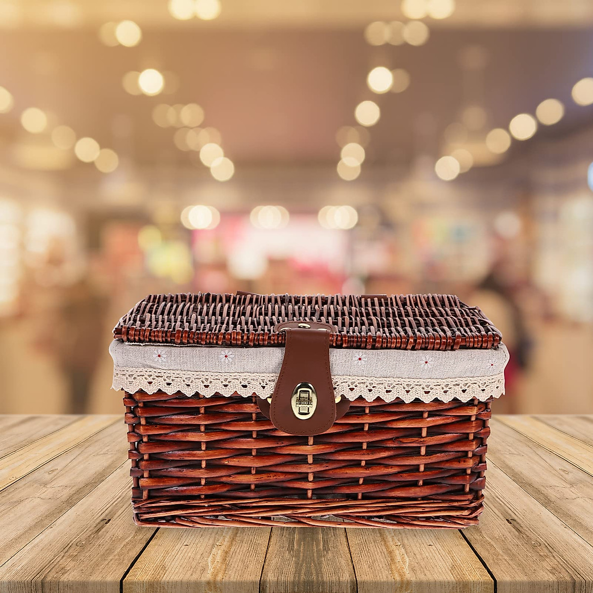 Zerodeko Rattan Storage Box Baskets with Lids Rattan Storage Baskets Rectangular Storage Bin Wicker Laundry Hamper Stair Basket Desk Organizer Baskets Seaweed Wooden Shelf Basket