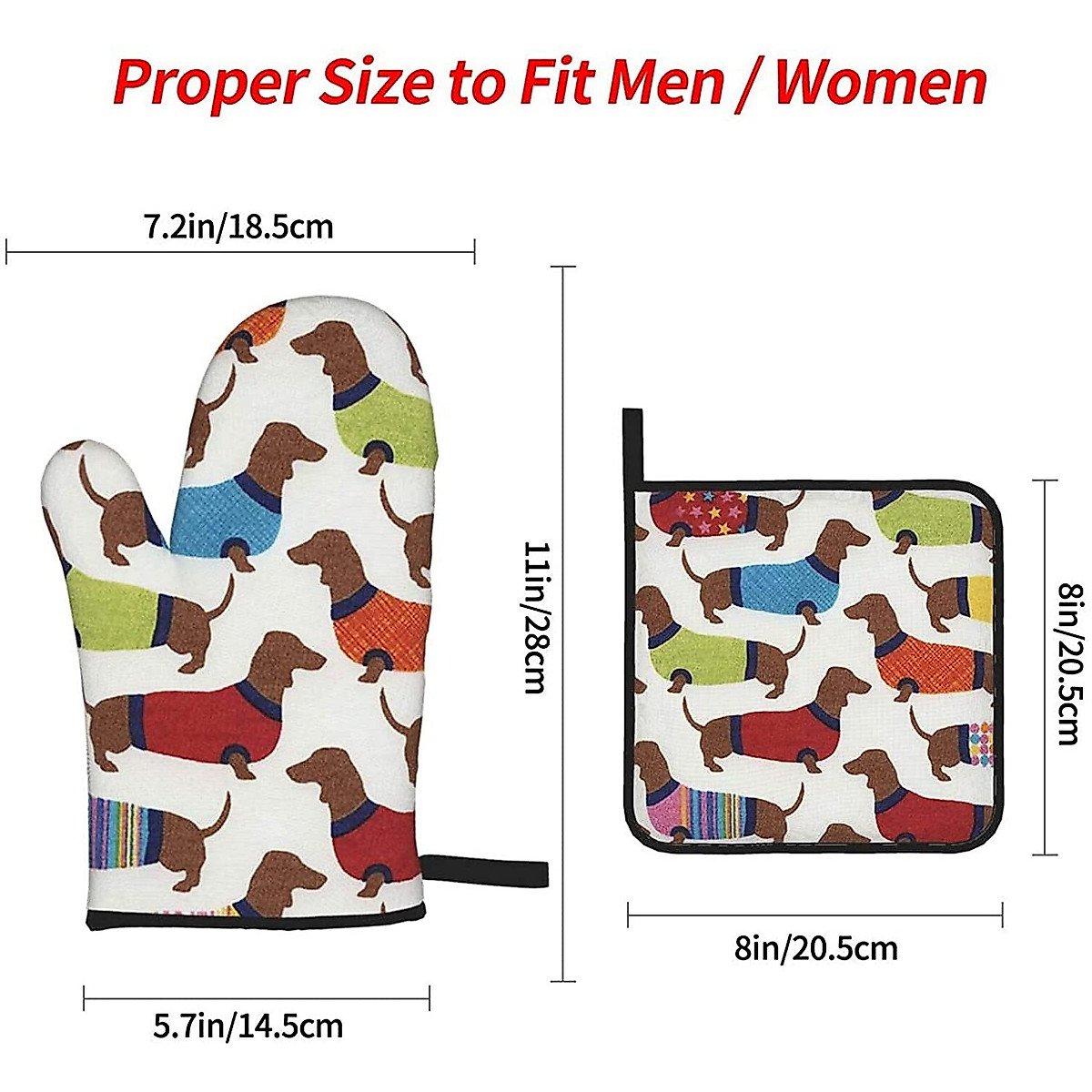 Pajamas Dachshund Pattern Oven Mitts and Pot Holders Sets of 4,Resistant Hot Pads Non-Slip BBQ Gloves for Kitchen,Cooking