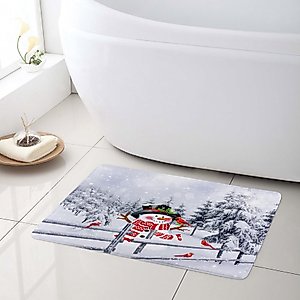 LB Winter Snowman Bath Mat Red Cardinal on Farmhouse Fence Area Rug for Bathroom Grey Pine Tree with Snowflake Doormat Non Slip Memory Foam Super Absorbent Floor Mats,24Wx16H Inch