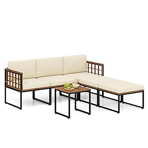 Tangkula 6 Pieces Acacia Wood Patio Furniture Set, Patiojoy Outdoor Sectional Conversation Sofa Set with Cushions, Coffee Table and Ottomans, Patio Seating Sofas for Garden, Poolside, Backyard (Beige)
