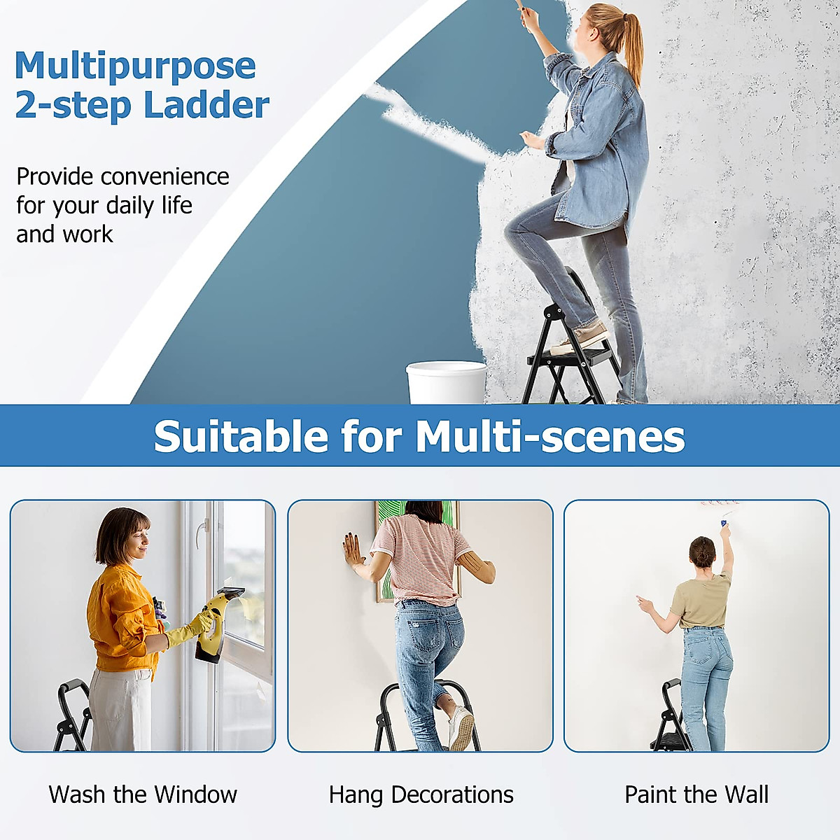 Nightcore 2 Step Ladder, Folding Step Stool w/Padded Handgrip & Wide Anti-Slip Pedal, Lightweight Portable Metal Tool Ladder, 330 LBS Capacity, Multi-Use Sturdy Ladder for Kitchen & Household