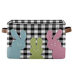 Happy Easter Day Eggs Storage Basket Fabric Laundry Baskets Easter Peeps Bunny Black White Buffalo Plaid Storage Boxes Organizer Bag for Baby Toy Book Storage Cubes Shelf Closet Bins 16×12×8 Inches