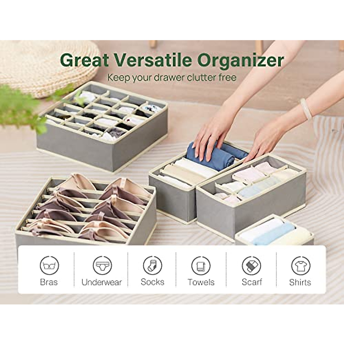 Kootek 10 Pack Drawer Organizers for Clothing, 92 Cell Dresser Organizer Socks Underwear Organizer Fabric Foldable Dividers Closet Organizers and Storage Boxes for Baby Clothes, Bra, Ties, Scarf