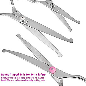 GEMEK Dog Grooming Scissors Set, 4CR Stainless Steel Safety Round Tip Pet Professional Grooming Tool 5 Pieces Kit - Straight, Curved, Thinning Shears & Comb for Dogs, Cats and Other Animals