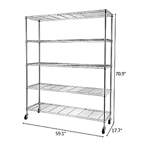Metal Shelf 5 Tiers Storage Shelves Wire Shelving Unit with Wheels Adjustable Heavy Duty Storage Rack for Closet Home Office Restaurant Pantry Kitchen Bathroom Garage Warehouse 59" L x 18" W x 71" H