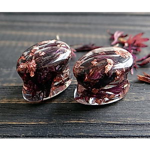 ETERNIADA Teardrop Ear gauges and Plugs Black Cornflower Plugs for Women for Men Drop Tunnels gauges with Flowers and Rose Gold Flakes (22mm / 7/8" / Pair)