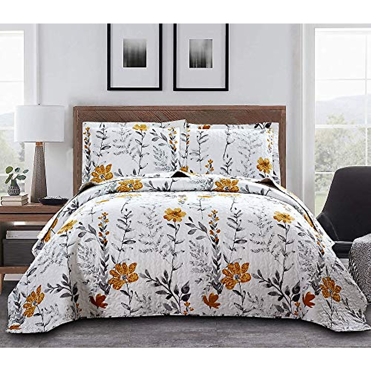 Bedspread Coverlet Set King Size Floral Quilts Set Bedding Lightweight Floral Quilt Collection Home Reversible Quilt Bedspread Sping Leaves Yellow Flower Quilt Bedding Garden Bedspread+2 Pillow Shams