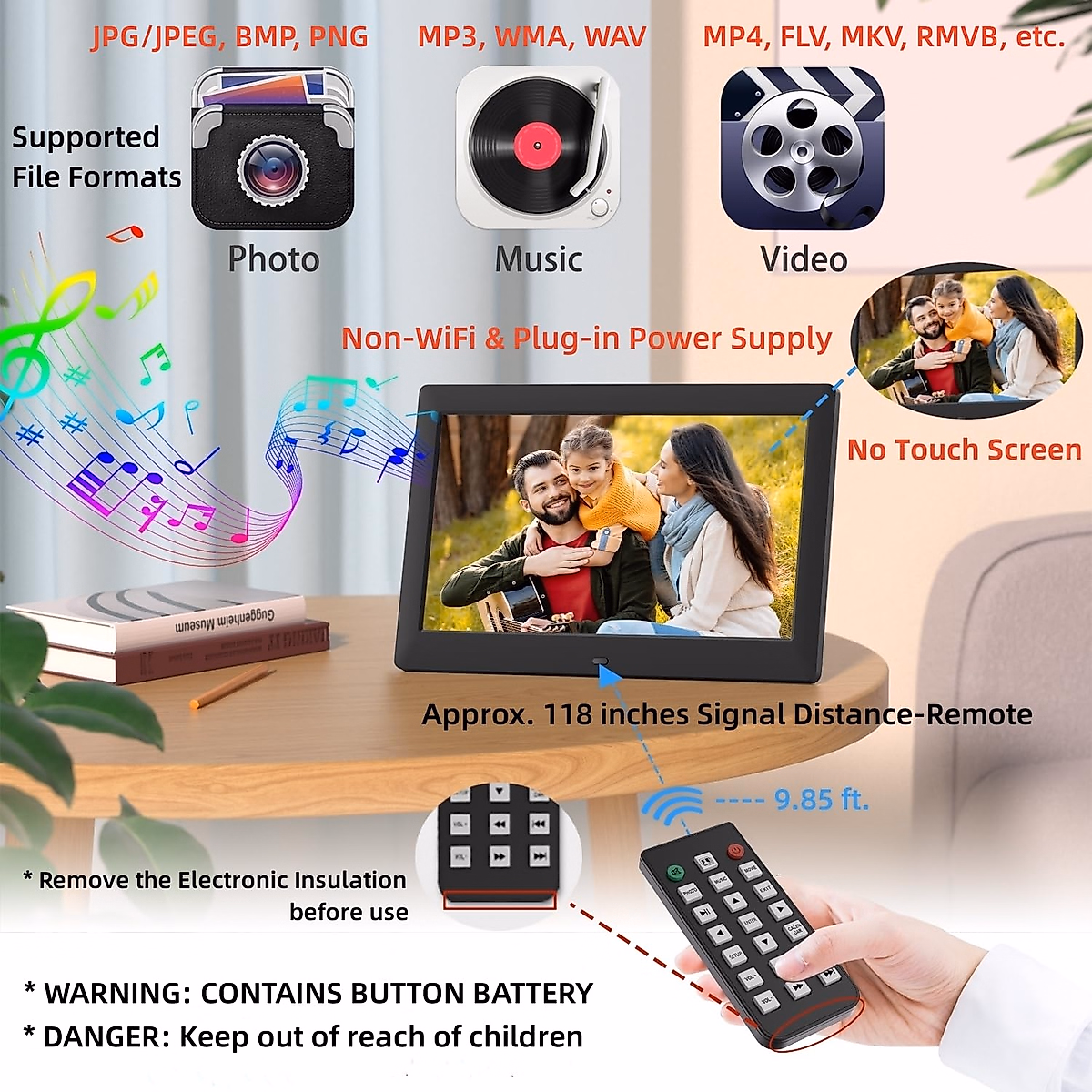 Dhwazz 10.1 Inch USB Digital Picture Frame, Non-WiFi SD Card Smart Photo Frames IPS Screen HD Display with Remote Control, Support Video and Music, Slideshow, Wall Mountable, Easy to use for Seniors