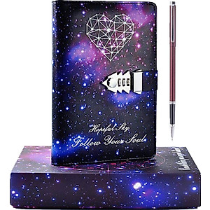 A5 PU Leather Diary with Lock Digital Password Notebook Locking Journal Writing Notebook with a Pen for Women and Girls Heart Shaped Stationery ,Purple