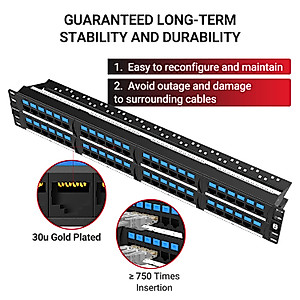 AMPCOM CAT6 48 Ports Patch Panel, Rack Mount - 2U, 19 inch, RJ45 Ethernet 568A 568B, 50u Gold Plated, with Rear Cable Management Bar