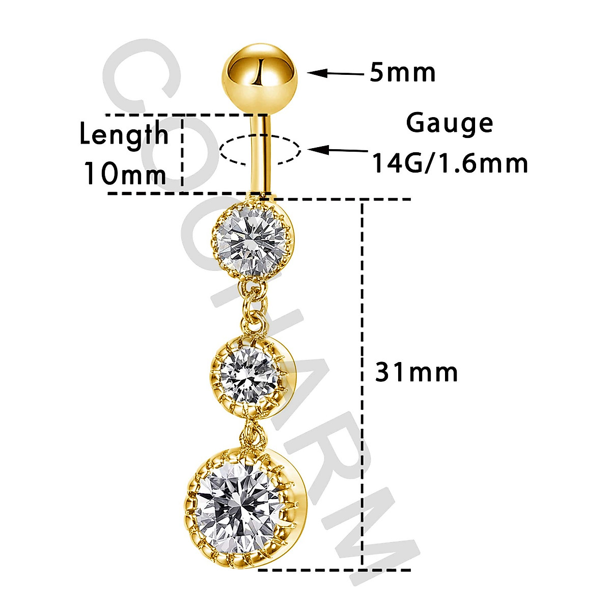 COCHARM Gold Dangling Belly Button Rings 14g Stainless Steel Belly Piercing Long CZ Dangly Navel Rings for Women Dangle Belly Bar