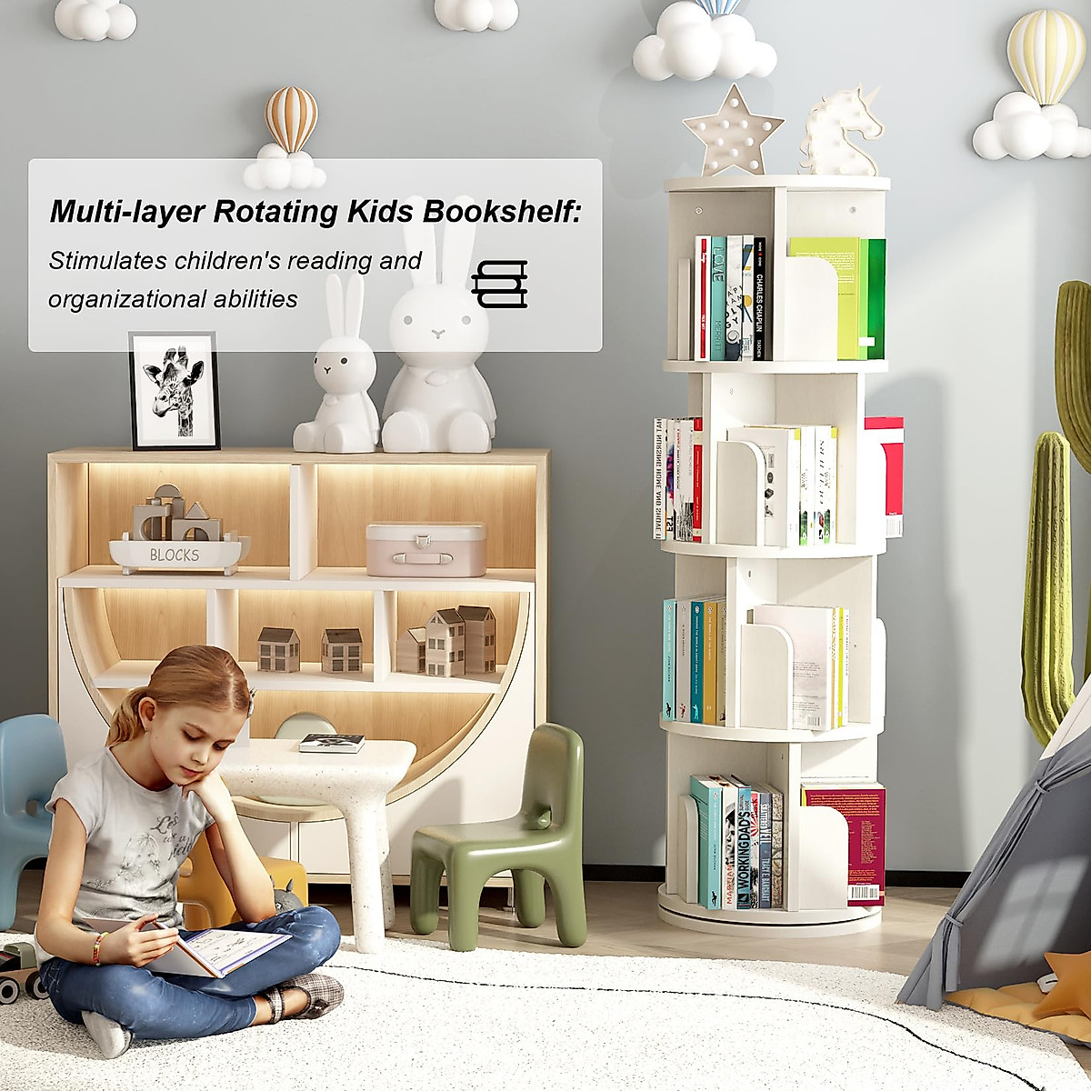 JoanKaren Rotating Bookshelf 51.2", White Wood Bookcase for Kids and Adults, 360 Display 4 Tier Small Corner Book Shelf Organizer, Floor Standing Storage Rack for Bedroom, Living Room, White