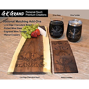 Personalized Cutting Board Wedding Gift – Walnut Live Edge Wood Customized Monogramed Bride Groom Unique Engraved Rustic Elegance Display Newlywed Couple Parents Anniversary Housewarming Christmas