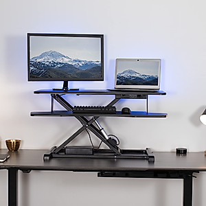 VIVO 36 inch Electric Motor Desk Converter, Height Adjustable Riser, Sit to Stand Dual Monitor and Laptop Workstation with Wide Keyboard Tray, Black, DESK-VE36K