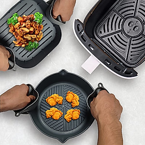 AIR FRYER SILICONE POTS. set of 2 and SILICONE MITTENS included EASY to clean reuseble BPA FREE one square pot and one round pot (GREY)