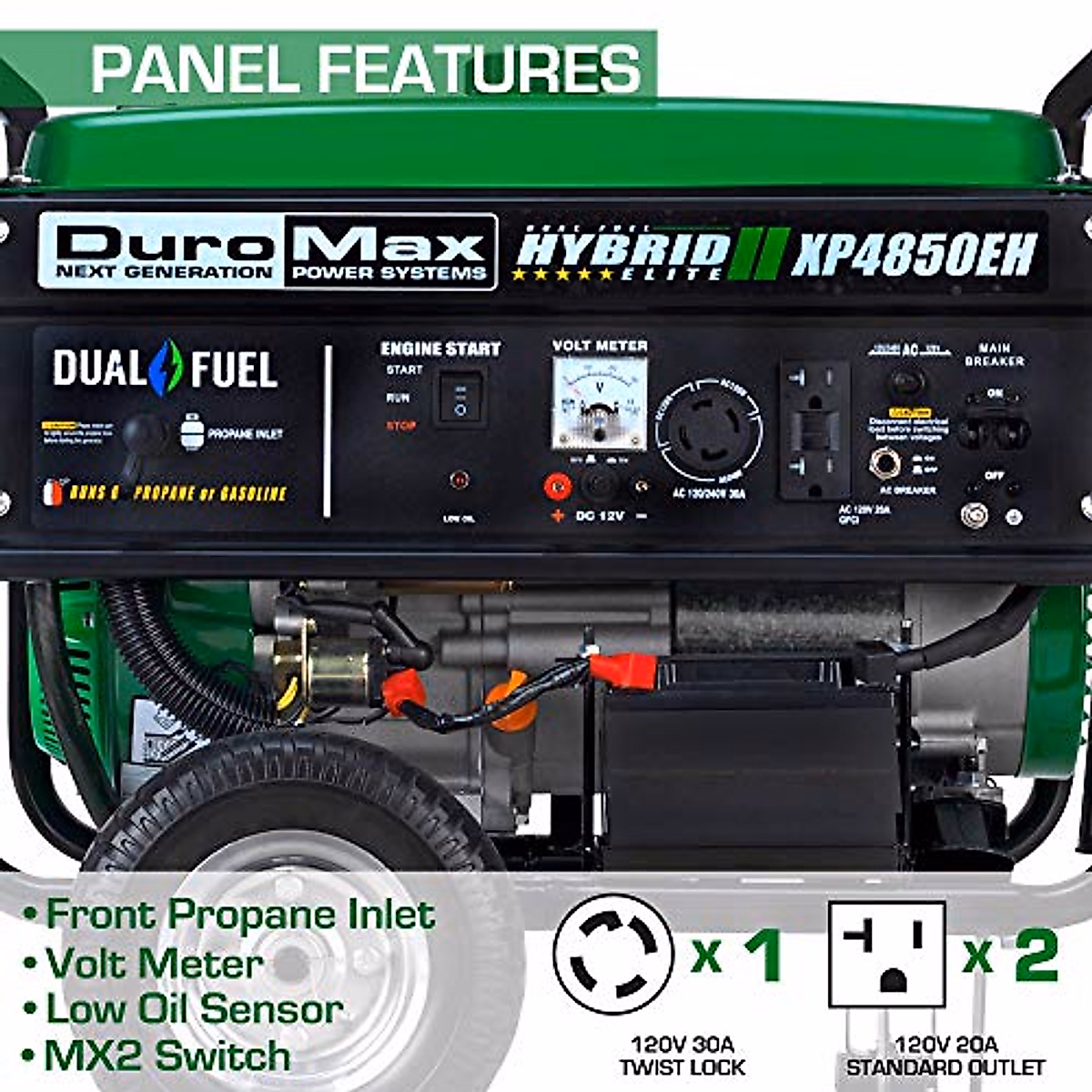 DuroMax XP4850EH Generator-4850 Watt Gas or Propane Powered-Electric Start-Camping & RV Ready, 50 State Approved Dual Fuel Portable Generator, Green