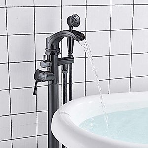 Senlesen Matte Black Bathroom Single Handle Freestanding Bathtub Faucet Floor Mounted Waterfall Tub Filler with Hand Shower Set