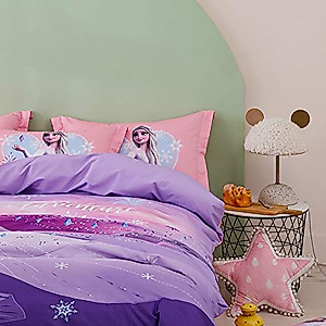 Jacoble Casa 100% Cotton Kids Bedding Set Girls Purple Frozen Elsa Princesses Duvet Cover and Pillow Cases and Fitted Sheet,4 Pieces,Queen