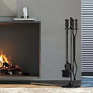Fire Beauty Fireplace Tools Set 5 Pieces Wrought Iron Fireset Fire Pit Poker Wood Stove Log Tongs Holder Fireplace Tool Set with Pedestal Place