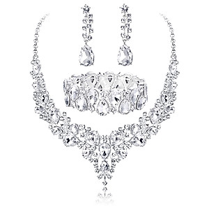 Udalyn Crystal Bridal Jewelry Sets for Women Necklace Earrings Bracelet Set for Wedding Rhinestone Bridesmaid Gifts fit with Wedding Dress