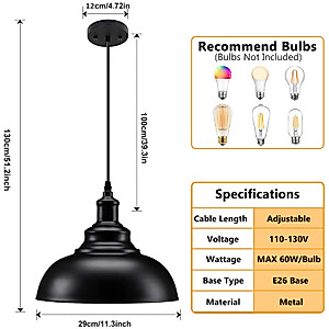 Asnxcju Matte Black Pendant Light, Industrial Farmhouse Pendant Light Vintage Hanging Ceiling Lamp Fixtures for Kitchen Island, Barn, Dining Room 2 Pack