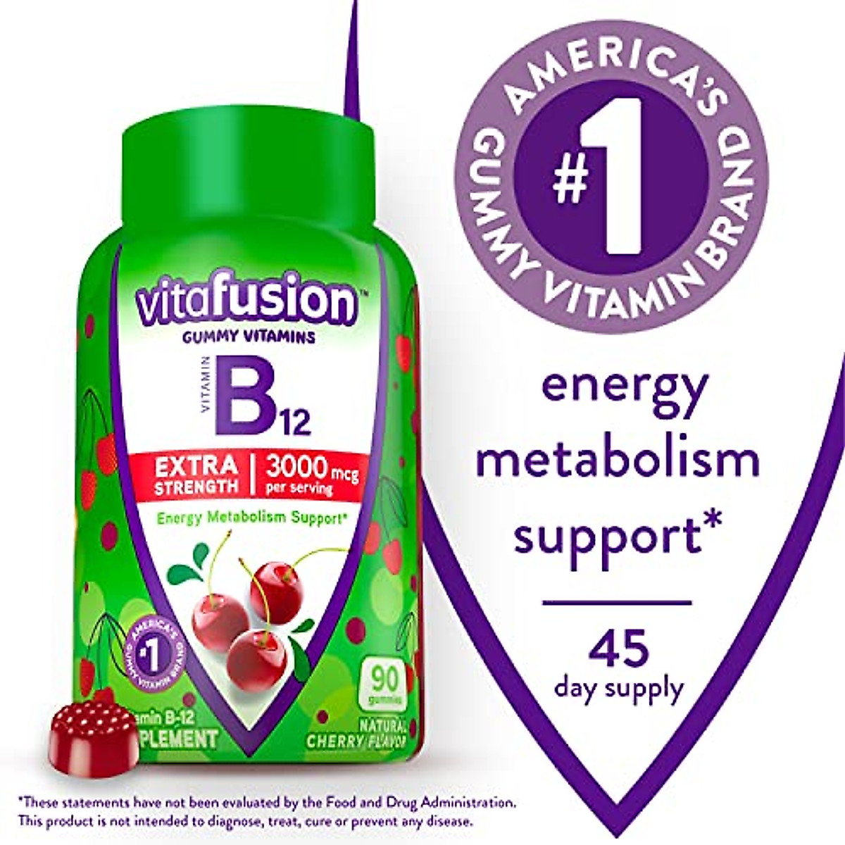 Vitafusion Extra Strength Vitamin B12 Gummy Vitamins for Energy Metabolism Support and Nervous System Health Support, Cherry Flavored, America’s Number 1 Brand, 45 Day Supply, 90 Count